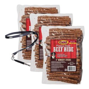 cadet rawhide chews, 1.98 lb - 100 pack - munchy beef hide dog chews bundle with pet training stainless steel clicker whistle, 5 inch long-lasting rawhide sticks, rawhide rolls for dental [pack of 3]