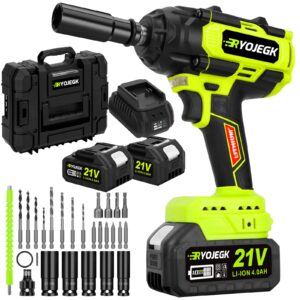 ryojegk 850n.m cordless impact wrench set, 1/2 inch 21v 640ft-lbs heavy duty impact gun kit, brushless llave de impacto w/ 2 x 4.0ah battery, pistola de impacto for home car