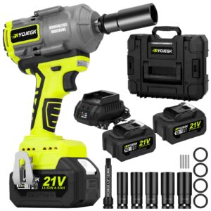 ryojegk 1000n.m(740ft-lbs) cordless impact wrench, 21v 1/2”brushless power impact gun, 0-4200 rpm w/ 2 x 4.0ah battery & fast charger & 5 sockets, pistola de impacto for car truck home