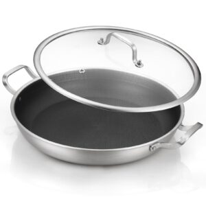 delarlo paella pan 14 inch tri-ply stainless steel paella pan with lid nonstick frying pan, hybird induction large skillets,great for paella parties indoors outdoors,heavy duty style