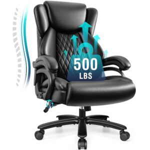 big and tall office chair 500lbs, heavy duty executive desk chair with adjustable lumbar support, comfy padded cushion, ergonomic pu leather home computer chair with extra wide seat, black