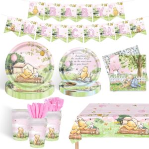 122pcs classic bear baby shower party supplies for baby girls kids1st first birthday pink neutral winnie bear themed disposable tableware set plates napkins cups tablecloths banners for 20 guests