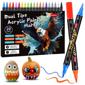 acrylic paint pens markers, 20 colors dual tips waterproof paint markers for rock painting, fabric, metal, glass, wood, canvas, ceramic, plastic, non-toxic & odor, premium art and diy craft supplies