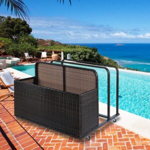 cuisinaid outdoor wicker patio poolside float storage with rolling wheels, pool, beach, patio storage bin for floaties, pool accessories and patio furniture brown