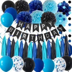 black blue birthday party decorations for men boys with happy birthday banner,hanging swirls,tissue paper pompoms,circle dots garland,tassel garland and blue birthday balloons