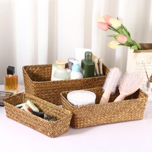 OGANAZI 3 Natural Wicker Basket Set Rectangular Handwoven Seagrass Basket Storage Bins Home Organizer Bins - Household Basket Box for Shelf Wardrobe Desktop Home Decor (Caramel)