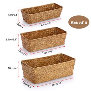 OGANAZI 3 Natural Wicker Basket Set Rectangular Handwoven Seagrass Basket Storage Bins Home Organizer Bins - Household Basket Box for Shelf Wardrobe Desktop Home Decor (Caramel)