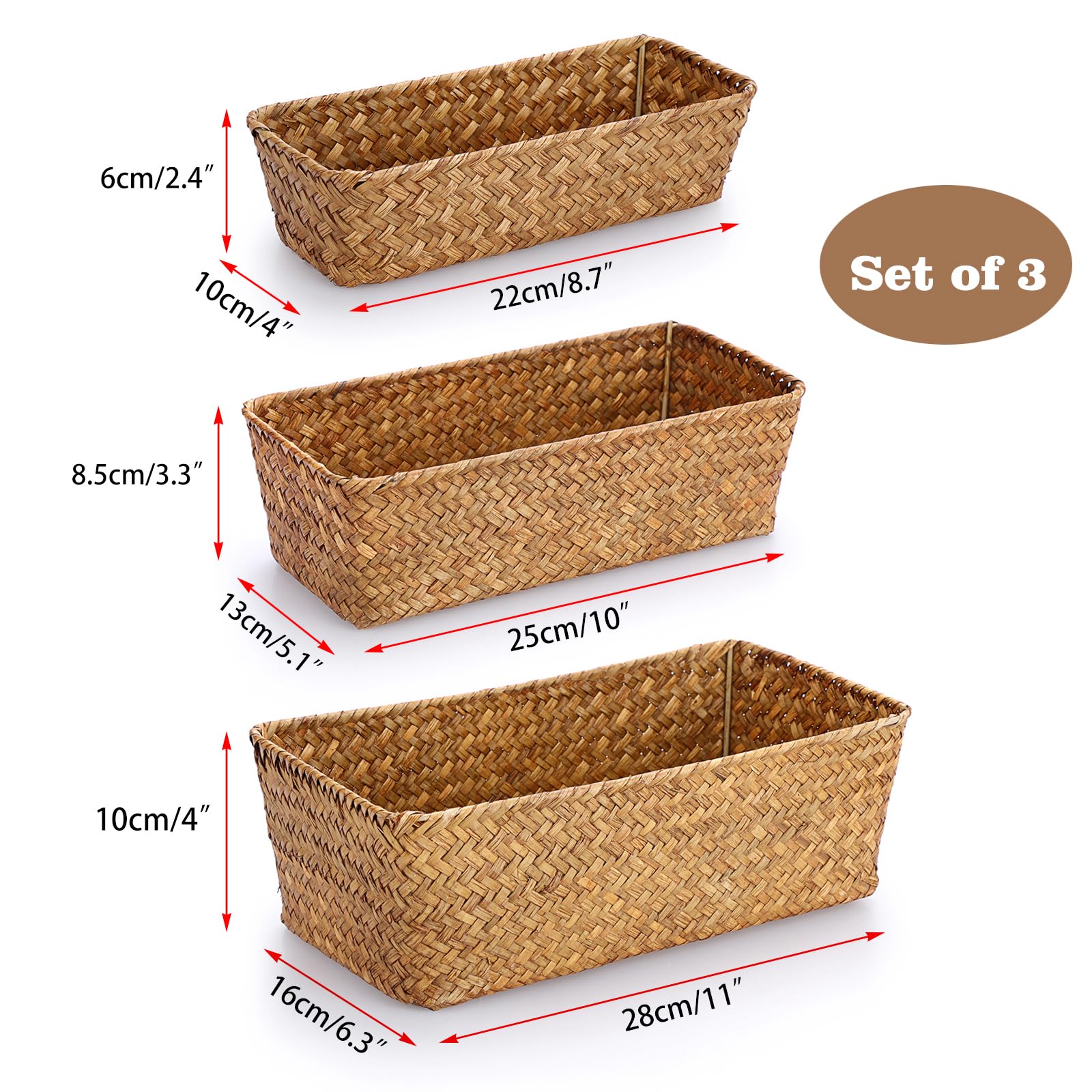 OGANAZI 3 Natural Wicker Basket Set Rectangular Handwoven Seagrass Basket Storage Bins Home Organizer Bins - Household Basket Box for Shelf Wardrobe Desktop Home Decor (Caramel)