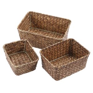 oganazi small woven wicker open storage baskets, set of 3 natural seagrass baskets rectangular basket bins woven baskets for shelf closet bedroom (coffee)