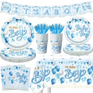 blue baby shower decorations for boy, it's a boy baby shower party supplies with baby boy plates napkins cups banner tablecloth for baby boy gender reveal baby shower party decor