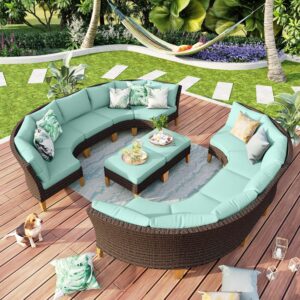 mfstudio 12 pieces extra large wicker patio furniture set, rattan outdoor half-moon sectional sofa curved patio conversation set, 8 x curved sofa, 2 x armless sofa, 2 x ottoman(aqua blue cushion)