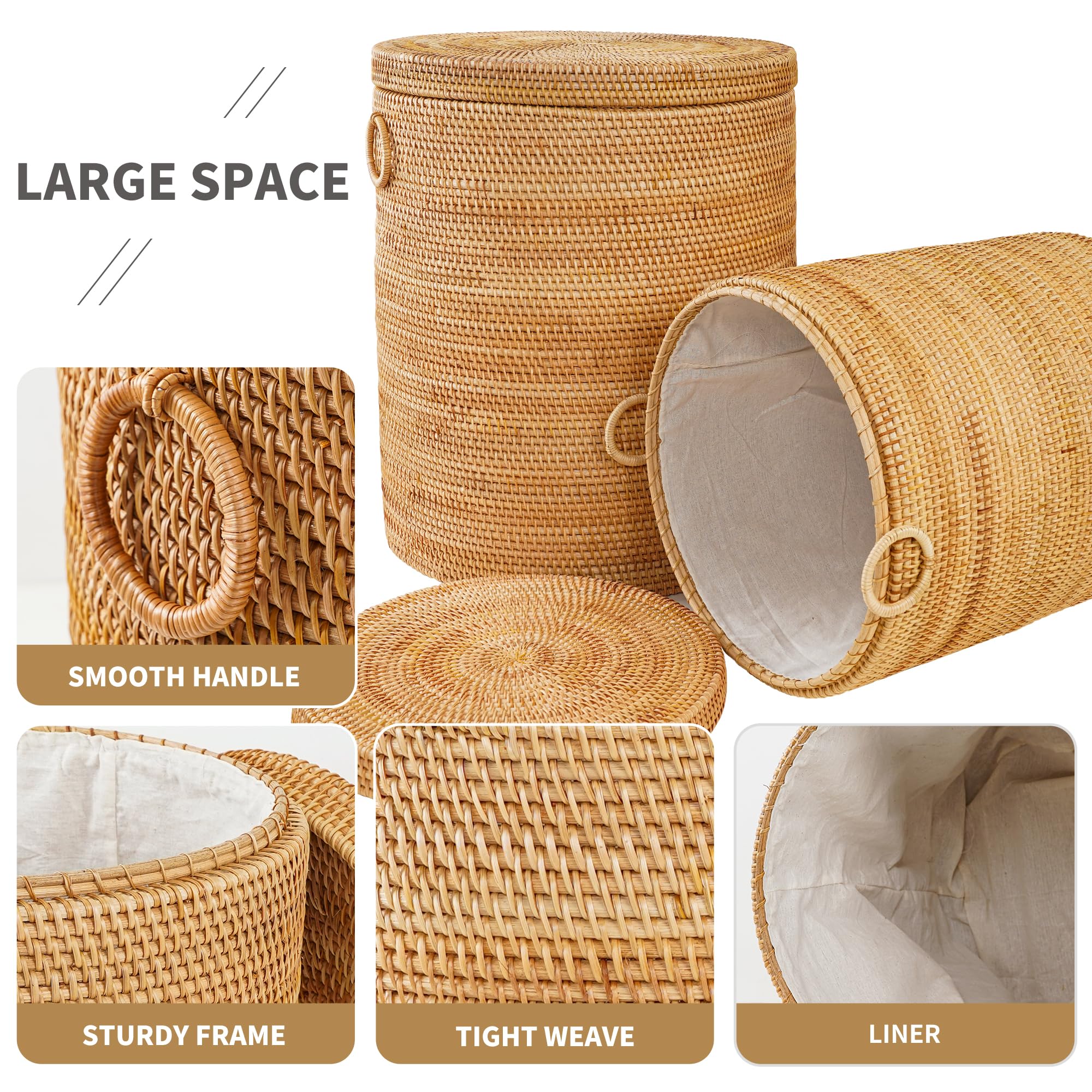 LALASUN Rattan Laundry Hamper With Lid, Round Wicker Large Hampers For Laundry With Liner Bag and Handles for Organizing Clothes Kids Toys Books (15.7" L×15.7"W×17.3"H）