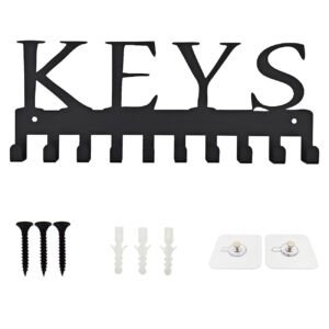 rt&bs key hooks for wall, key holder wall mounted, black metal hooks for wall in entryway front door hallway bathroom kitchen, key sign 10.2 inches 10 hooks