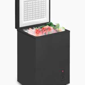 Muhub 3.5 Cu Ft Chest Freezer, Compact Freezer with 7 Level Adjustable Temperature,Top Open Door Freezer with Removable Storage Basket,Energy Saving Deep Freezer, Black