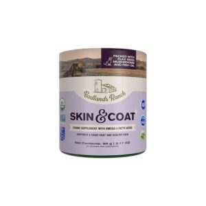 badlands ranch - skin & coat canine supplement w/omega-3 fatty acids, org. ingredients, antioxidant topper, nourish coat &paws, joint, support shiny coat & healthy skin by katherine heigl (30 scoops)