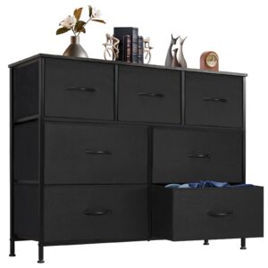 dumos dresser for bedroom with 7 drawers, storage organizer units furniture, chest tower tv stand with fabric bins, metal frame, wooden top for nursery, living room, kidsroom, closet, black