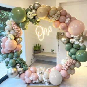 140pcs dusty pink sage green balloon garland arch kit mist pink retro green sand white metallic silver latex balloons for boho baby shower birthday wedding bridal shower party decorations