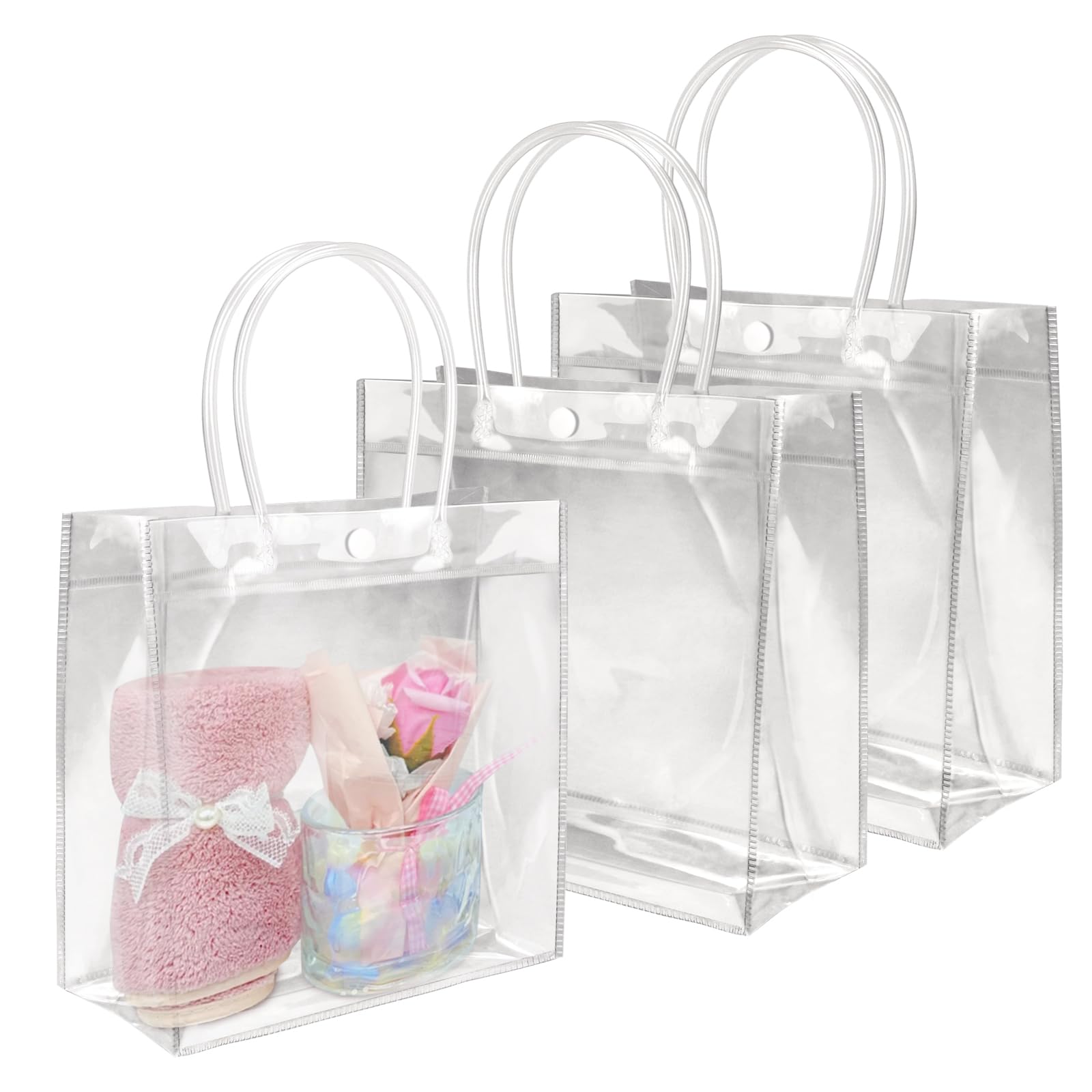 BadenBach 15 PCS Clear Gift Bags with Handles,6.89" x 6.89" x 3.54",Plastic Clear Gift Bags Clear Goodie Bags Clear Favor Small Tote Bags for Wedding Birthday Baby Shower Party Halloween Christmas