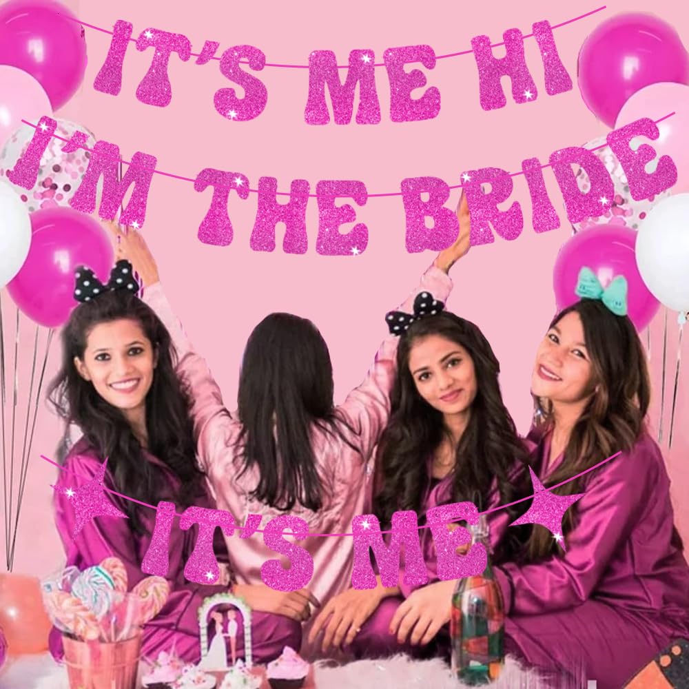 Hot Pink It's Me Hi I'm the Bride It's Me Banner, Pre-strung Glitter Bride Banner for Popular Singer Fans Bachelorette Party Decorations Bridal Shower Decorations Bride To Be Decorations