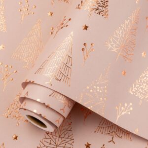 homeral christmas wrapping paper roll - 46.8 sq.ft. 3d embossed foil christmas tree, star on rose gold pink for christmas, new year celebration, holiday - 17in x 33ft