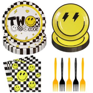 96 pcs two cool dude birthday party decorations 350 gsm 2nd birthday party supplies tableware set for two year old happy dude yellow black lightening checkered party baby shower decor serves 24 guests