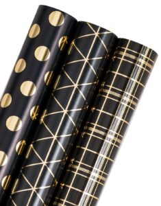 wrapaholic black birthday wrapping paper roll - mini roll - 3 rolls - 17 inch x 120 inch per roll - black gold design for wedding, holiday, party, baby shower