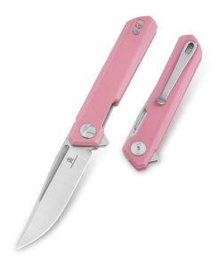 bestechman mini dundee pocket folder folding knife: 2.92" d2 steel stonewash satin blade, g10 scales, edc reversible deep clip, bmk03b (pink)