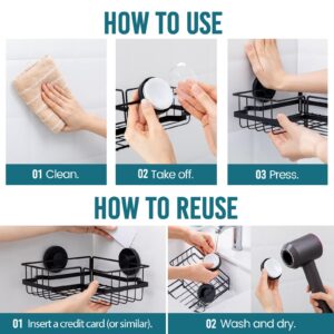 TAILI Suction Shower Caddy 2 Pack with Hooks, Drill-Free Rotating Stainless Steel Shower Shelf Basket, Removable Heavy Duty Shower Rack Organizer for Bathroom, Black