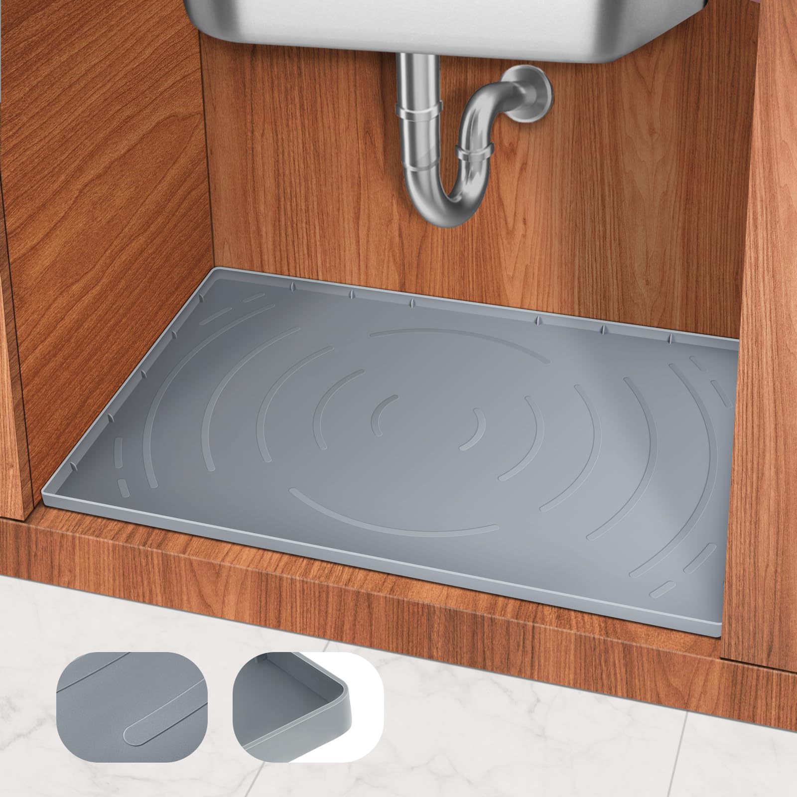 Under Sink Mat, 34" x 22" Under Sink Mats for Kitchen Waterproof, Under Sink Shelf Liner, Flexible Silicone Cabinet Protector Tray for Bottom of Kitchen & Bathroom Grey