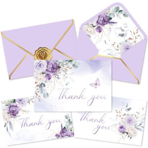 whaline 24 pack purple floral thank you cards with envelopes stickers 3 design watercolor flower greeting cards spring blank note cards for baby shower wedding birthday party, 4 x 6 inch