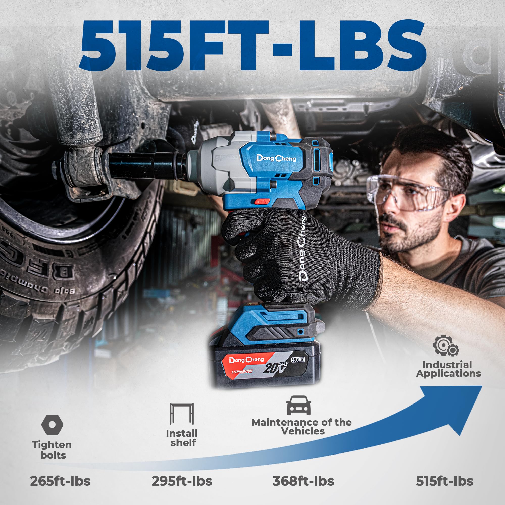 Dong Cheng 20V Brushless Impact Wrench, 515 ft-lbs High Torque, 1/2 inch 4-Speed Cordless Impact Gun, Power Wrench for Automotive Use, Includes 4.0Ah Battery & Charger