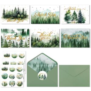 konsait 24 sheets green forest thank you cards with envelopes, 6 designs watercolor cards pines woodland thank you cards 4 x 6 in thank you cards thank you notes for bridal shower wedding baby shower