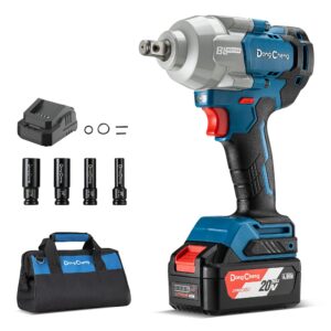 dong cheng 20v brushless impact wrench, 515 ft-lbs high torque, 1/2 inch 4-speed cordless impact gun, power wrench for automotive use, includes 4.0ah battery & charger