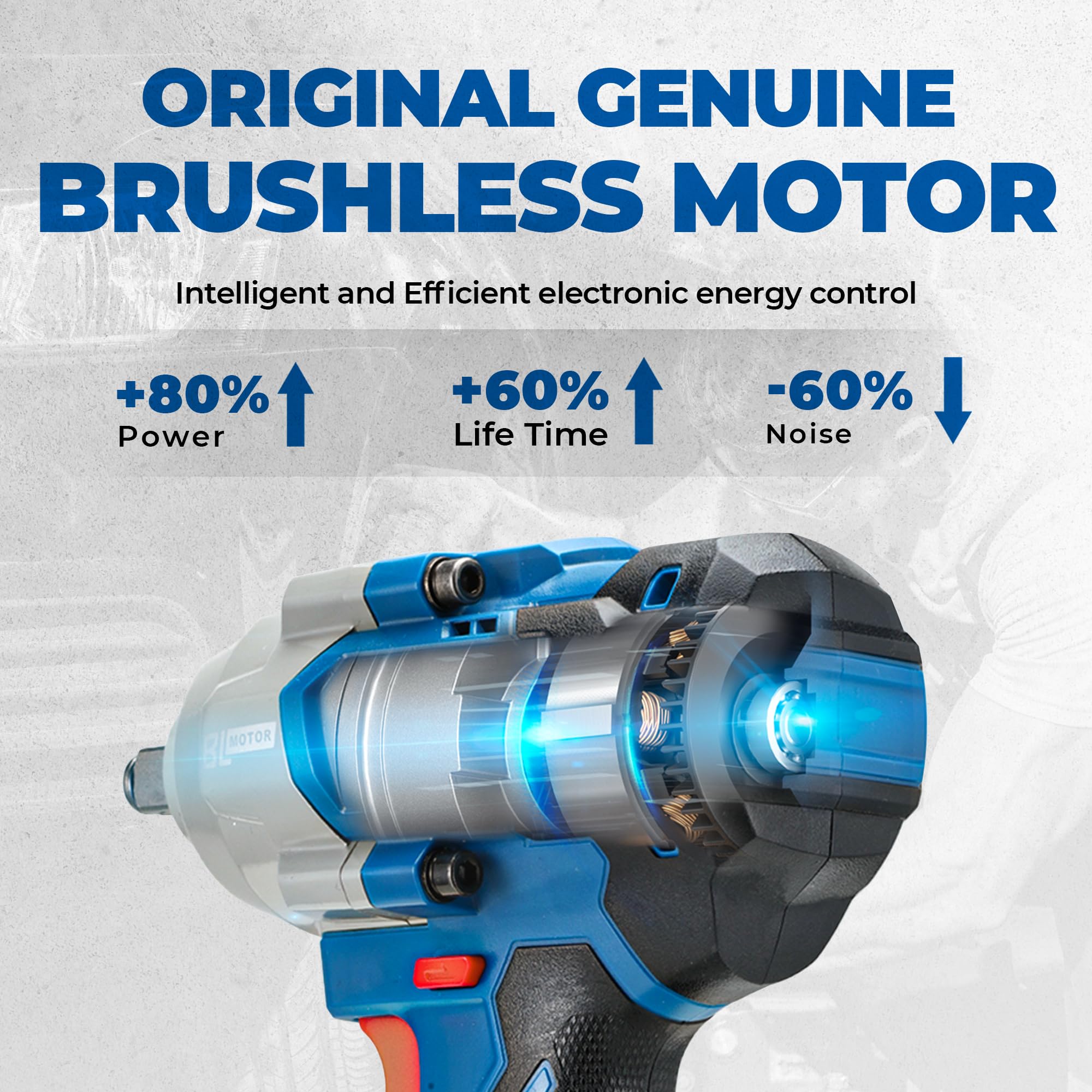 Dong Cheng 20V Brushless Impact Wrench, 515 ft-lbs High Torque, 1/2 inch 4-Speed Cordless Impact Gun, Power Wrench for Automotive Use, Includes 4.0Ah Battery & Charger