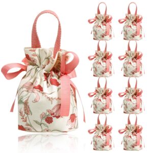 liobelon 8 pieces floral small gift bags with handles 5.5 x 3.7 x 2.3'' canvas small candy bag tea party favor bags wedding favors boxes for party, baby shower,bridal shower (pink)