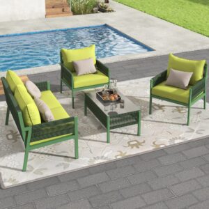 merax 4-piece rope outdoor patio furniture conversation set with tempered glass table, deep seating and thick cushion for backyard, porch, balcony, green