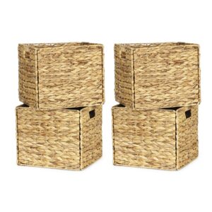 weavelyrics 4 pack 13×11" rectangular wicker storage bins, water hyacinth baskets, foldable wicker baskets, storage basket with built-in handles, handwoven natural baskets for shelves, outdoor