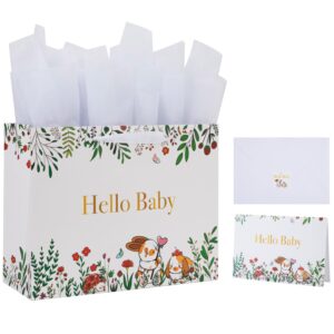 13" large white gift bag set with greeting card and tissue papers (hello baby design) for girls' birthday party, baby shower, baby girl or boy, women's birthday parties - 13”x5.2”x10.2”, 1 pcs.