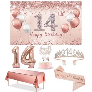 trgowaul 14th birthday decorations party set for girls, rose gold 14 birthday banner and tablecloth, 14 & fabulous sash and tiara, 1pc happy 14th birthday cake topper, pink gold 14 number balloons