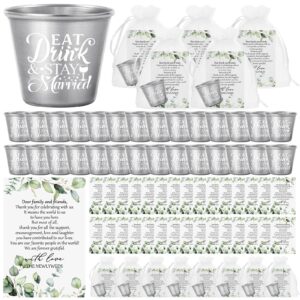 uiifan 50 sets wedding party favors for guests eat drink and stay married stainless steel shot glasses metal cups cards with wedding thank you cards and organza bags wedding souvenirs bridal shower