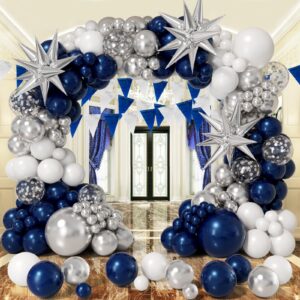 bonropin navy blue and silver balloon garland arch kit 158pcs with blue white silver confetti balloons, star foil balloons, for graduation new year anniversary birthday party decorations