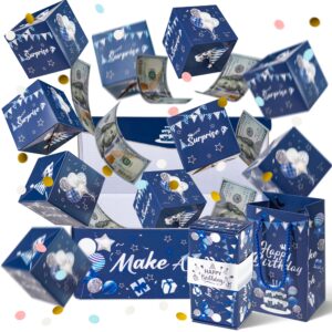 watinc surprise gift box explosion - 16pcs birthday surprising gift boxes exploding for money, 12 bounces money boxes explosion with confetti, blue pop out cash holder for bday party supplies