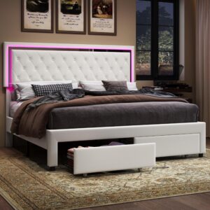 jocisland full size bed frame with led lights&storage drawers,velvet upholstered platform bed,no box spring needed,white