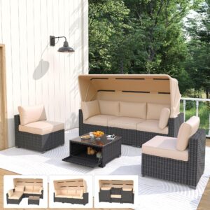 gaomon patio furniture sets 6 pieces,pe rattan daybed with retractable canopy,outdoor sectional furniture with adjustable backrest patio sofa with glass coffee table