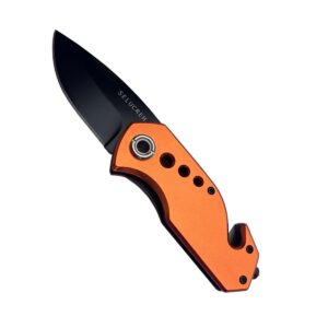 selucreh pocket knife for men, folding knives with seat belt cutter,glass breaker, household, workshop，pocket clip for men,sharp camping survival hiking，（orange）