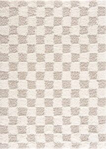 boutiquerugs atira modern checkered shag area rug - high pile fluffy shag rug for kids room, nursery, living room, bedroom, dining room - beige, cream, white - 6'7" x 9'6" (6x9 area rug)