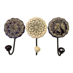 decorative mandala pattern ceramic flower shaped coat wall hooks (set of 3)