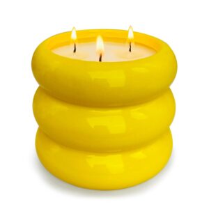 outdoor 3 wick large citronella candle, 18oz, ceramic, yellow, strong lemongrass scented candles, for patio decor, outside table, beautiful candle jars