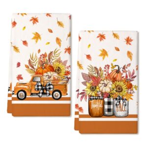 arkeny fall kitchen towels for fall decor,orange pumpkin truck maple leaves autumn dish towels 18x26 inch set of 2,farmhouse home thanksgiving harvest vintage decorations ad351