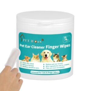 pet hous dog ear wipes.ear cleansing finger wipes for cats & rabbit | sooths & deodorizes |grooming kit care for pets ears. 50 disposable wipes.